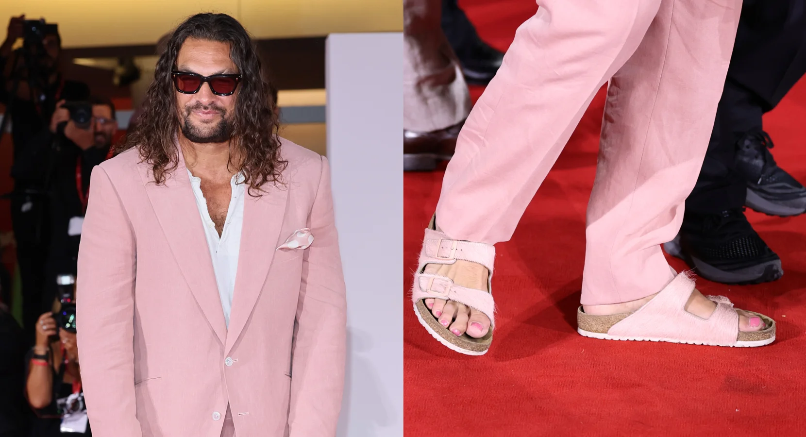 Jason Momoa Stuns in Pink Suit and Matching Toenail Polish at Venice Fest